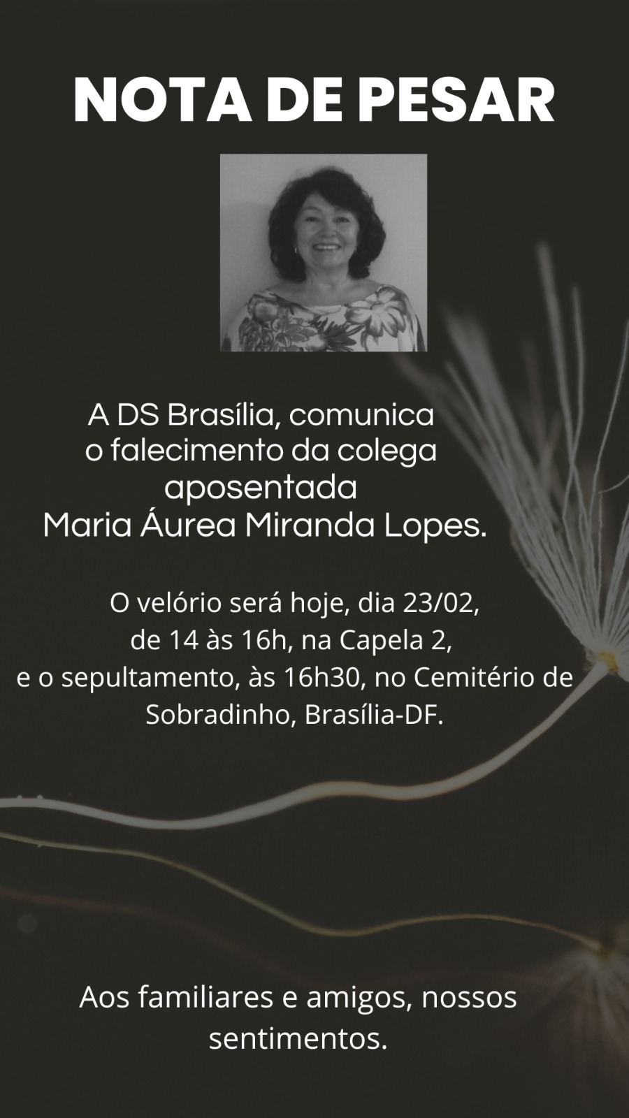 NOTA DE PESAR – MARIA ÁUREA MIRANDA LOPES. – DS Brasília
